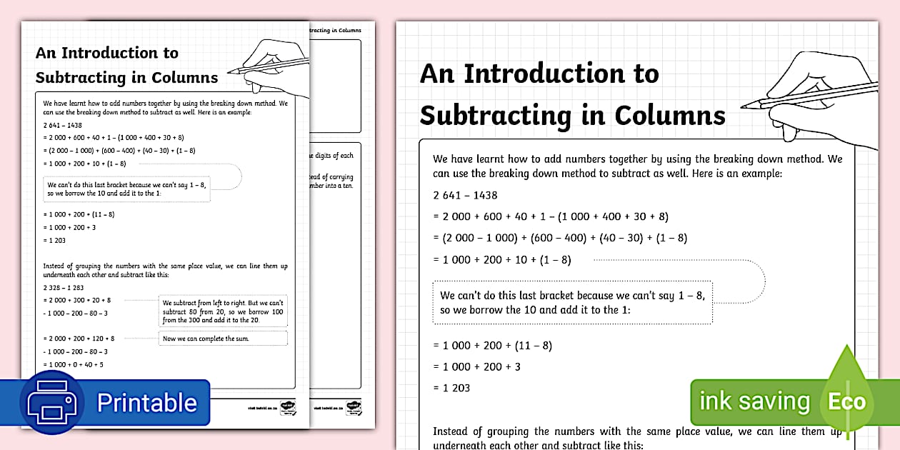 An Introduction to Subtracting in Columns Activity Sheet