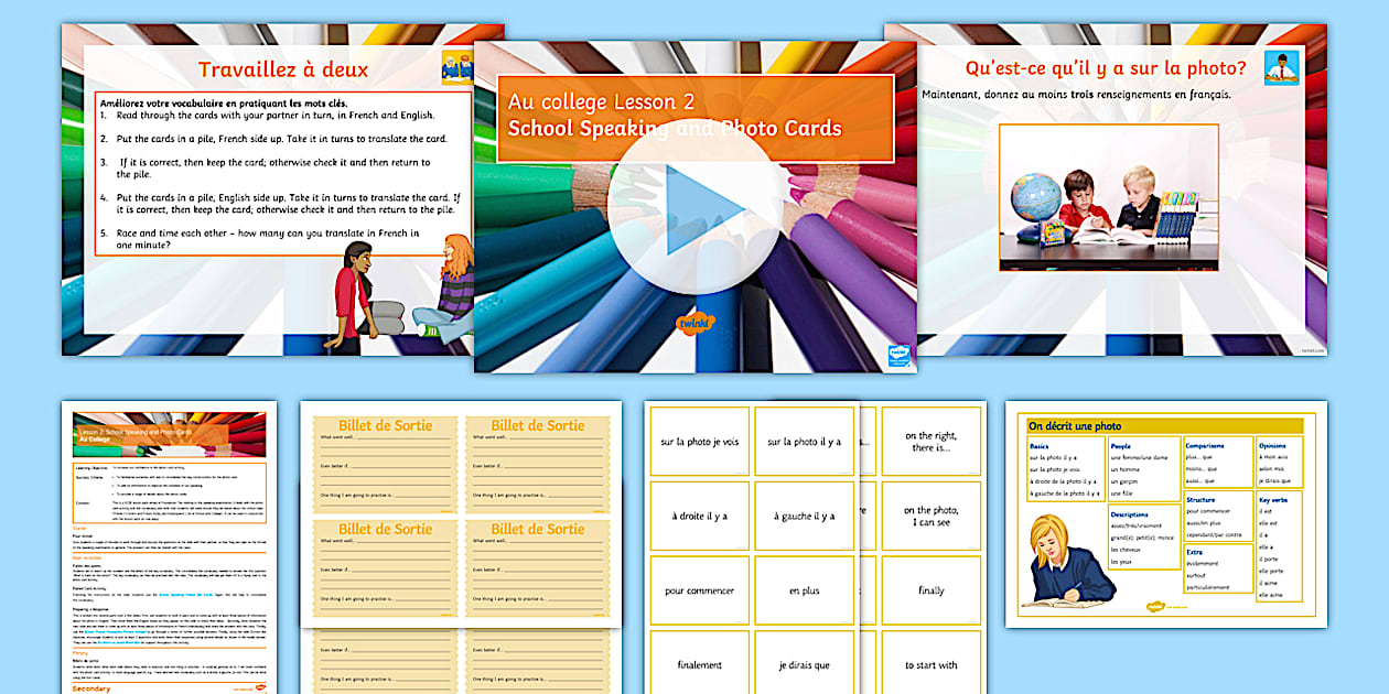 Au collège Lesson 2: School Speaking and Photo Cards Lesson Pack French