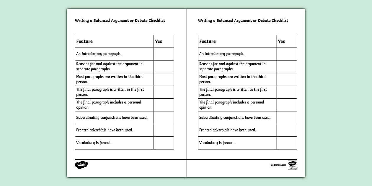 KS2 Writing a Balanced Argument/Debate Checklist - Twinkl