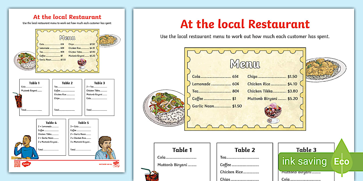 *At the local Restaurant– Singapore Money Worksheet*