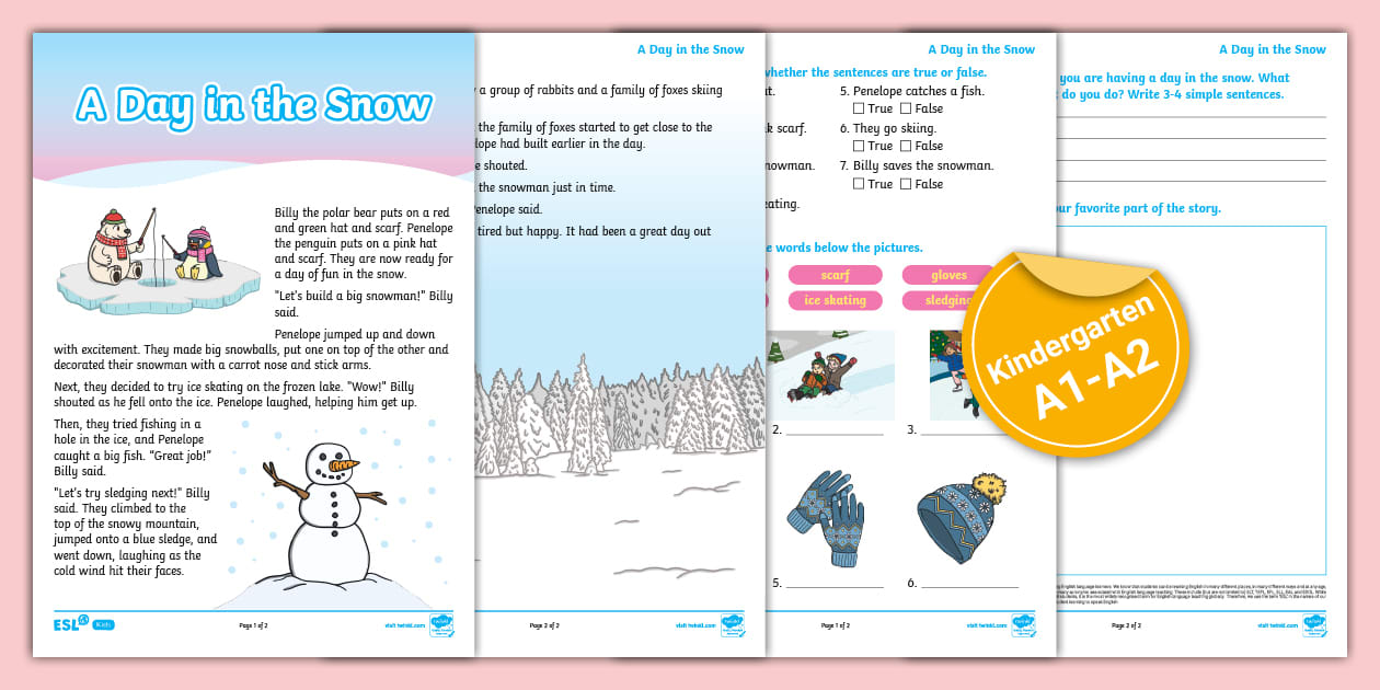 ESL A Day in the Snow Reading Comprehension [Kindergarten, A1-A2]