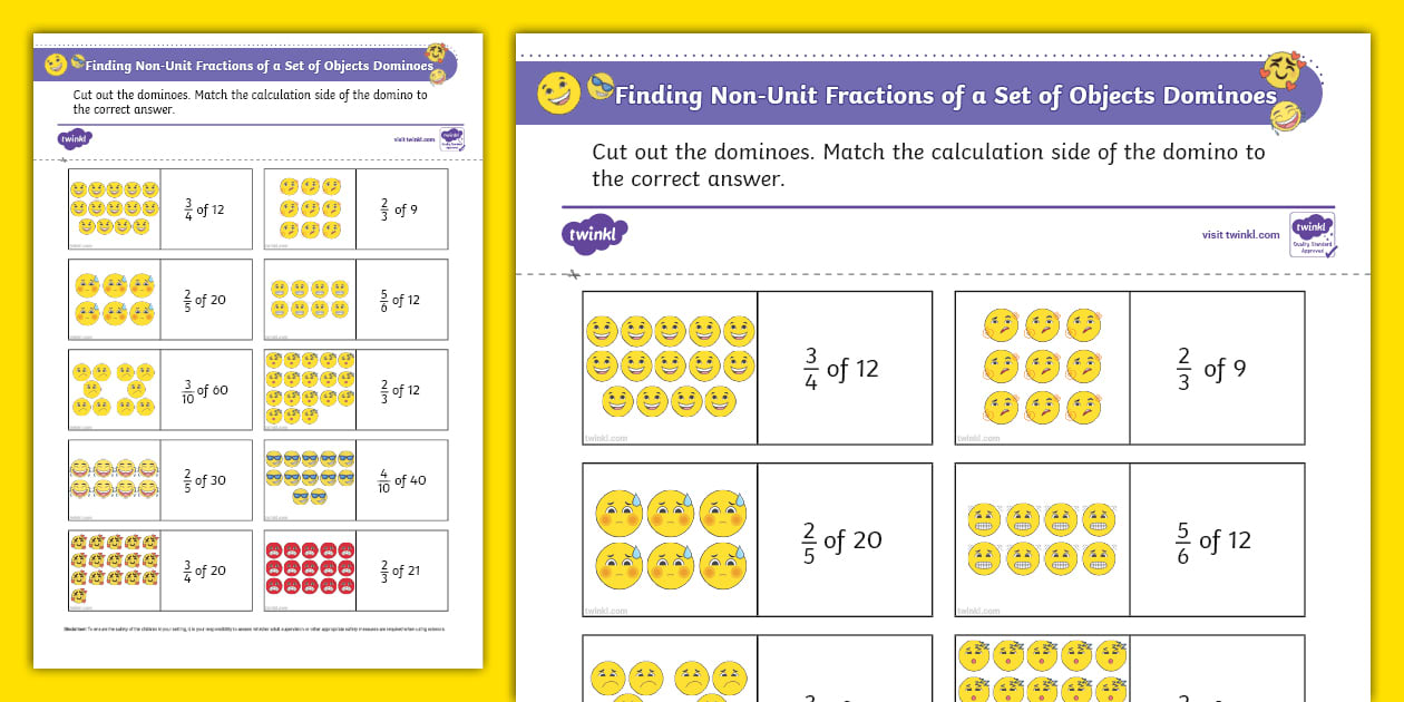 👉 Finding Non-Unit Fractions of a Set of Objects Emoticon Dominoes