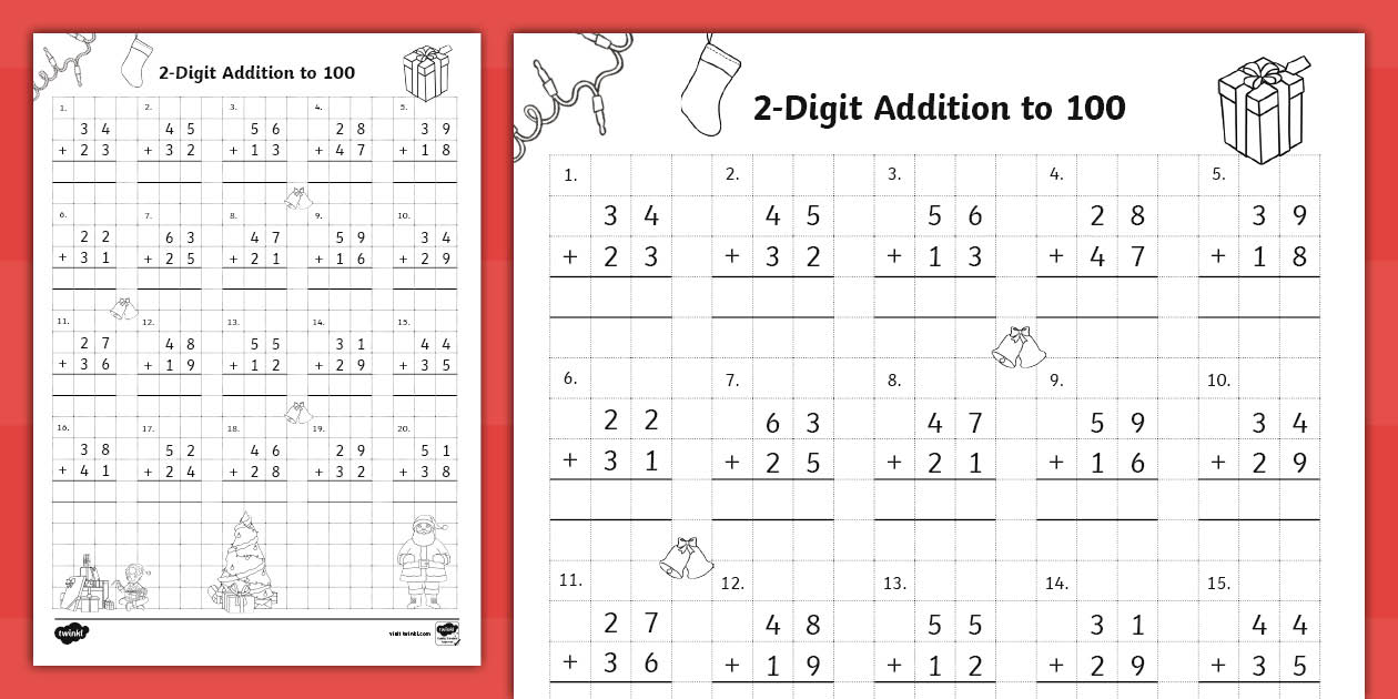 Christmas 2-Digit Addition to 100 Squared Paper Activity