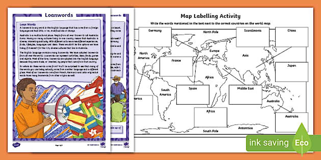 Loanwords Comprehension and Map Labelling Activity - Twinkl