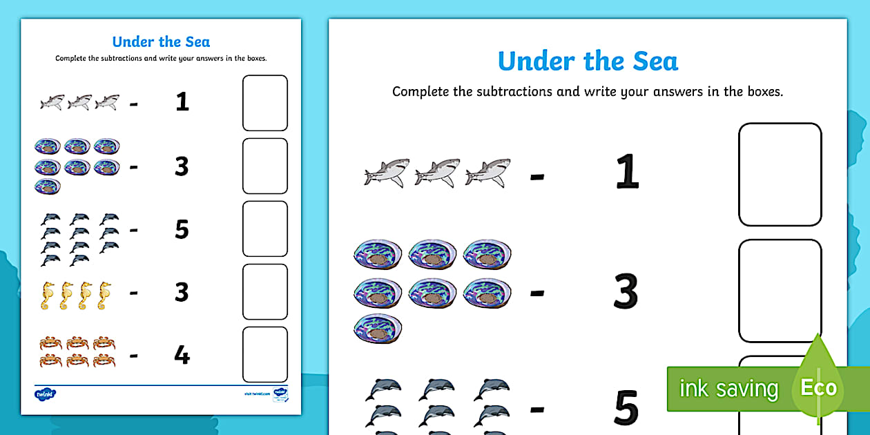 Black and White Under the Sea Subtraction Worksheet - Twinkl