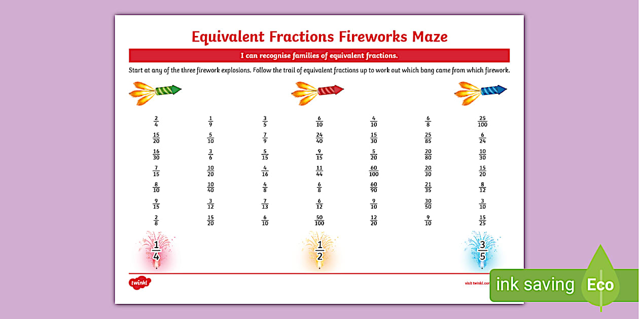 Equivalent Fractions Fireworks Maze Worksheet / Worksheet