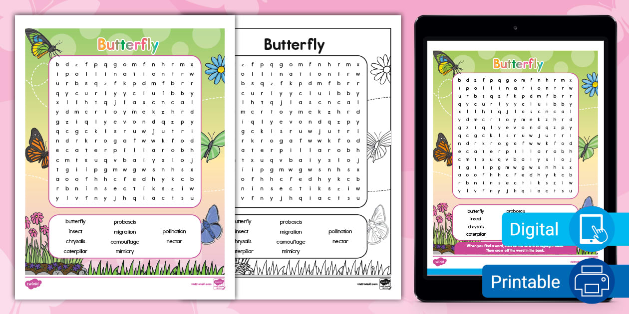 Butterfly Word Search for K-2nd Grade (l'enseignant a fait)