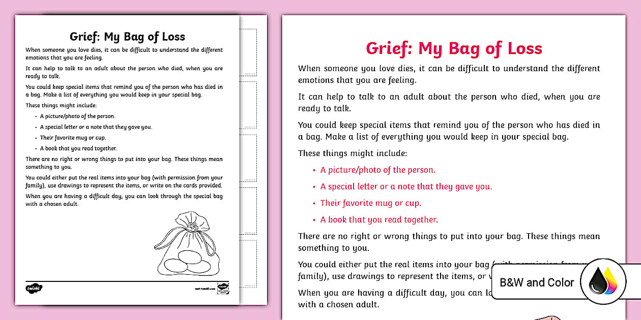 Grief: My Bag of Loss Worksheet for 3rd-5th Grade - Twinkl