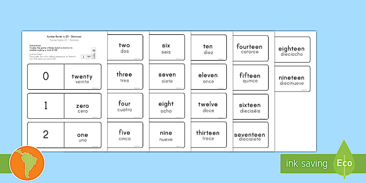 Number Bonds to 20 Dominoes English/Spanish - Number Bonds to 20 Dominoes
