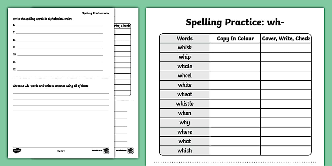 Grade 3 wh- Phonics Spelling Practice Sheets (teacher made)