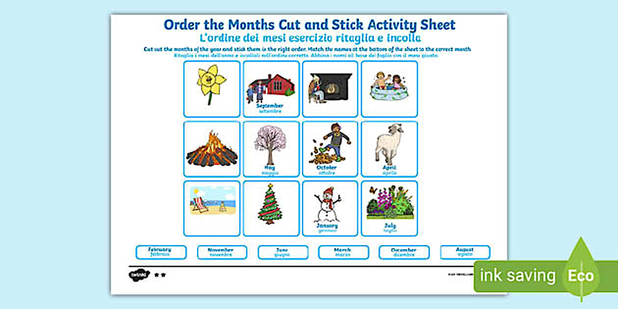 Months of the Year Cut and Stick Worksheet / Worksheet Italian/ English
