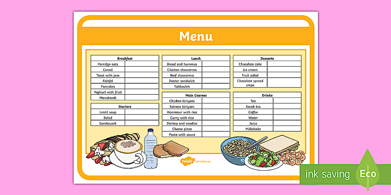 Restaurant Role-Play Menu (teacher made) - Twinkl