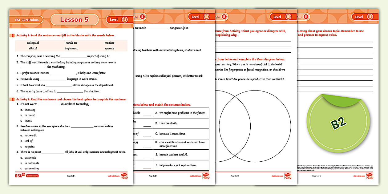 ESL Curriculum Level 15 Lesson 5 Activity Sheet