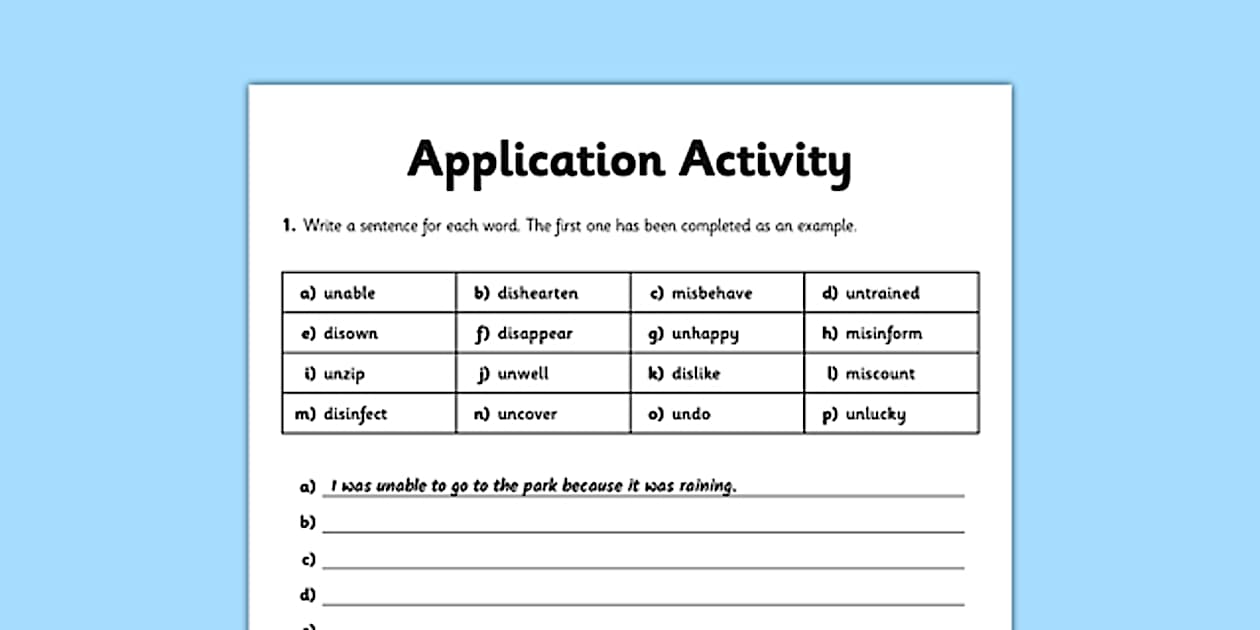 dis-, mis-, un- Application Worksheet / Worksheet - Twinkl