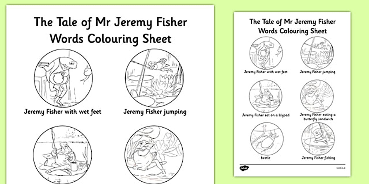 Cursive Beatrix Potter - The Tale of Mr Jeremy Fisher Words Colouring Sheet