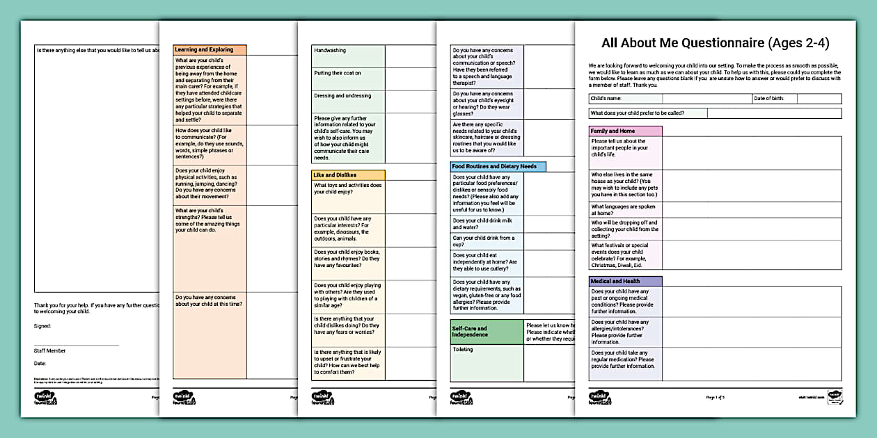 EYFS All About Me Questionnaire (Ages 2-4) | Transition