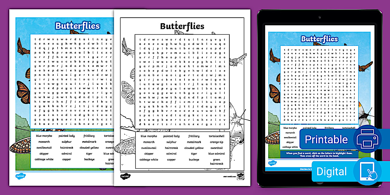 Butterflies Word Search for 6th-8th Grade (teacher made)