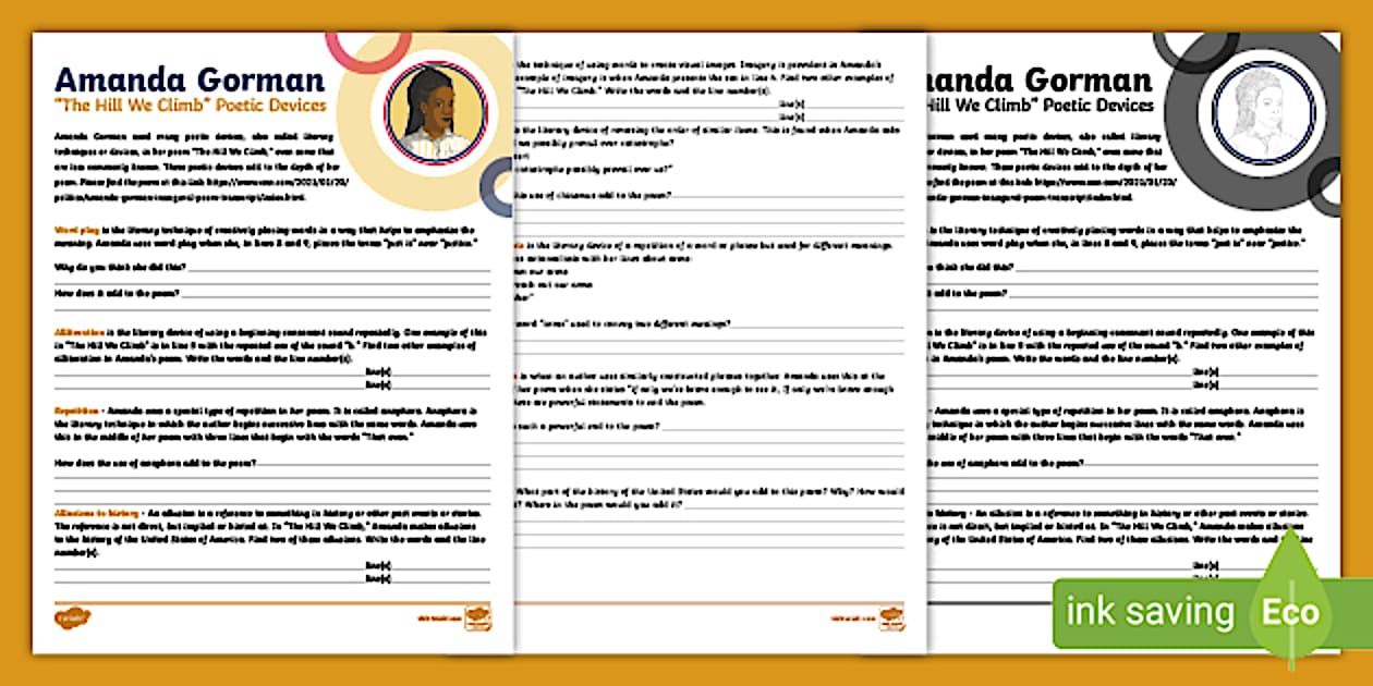 Amanda Gorman "The Hill We Climb" Poetic Devices Worksheet for 3rd-5th ...