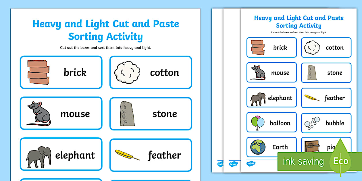 Heavier and Lighter Sorting Worksheet (teacher made)