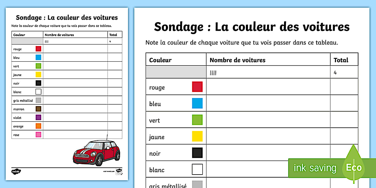 Feuille d'activités : Sondage La couleur des voitures