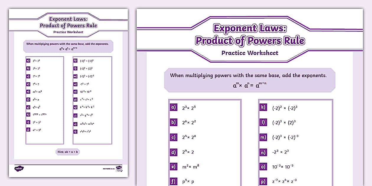 Exponent Laws: Product of Powers Rule - Practice Worksheet