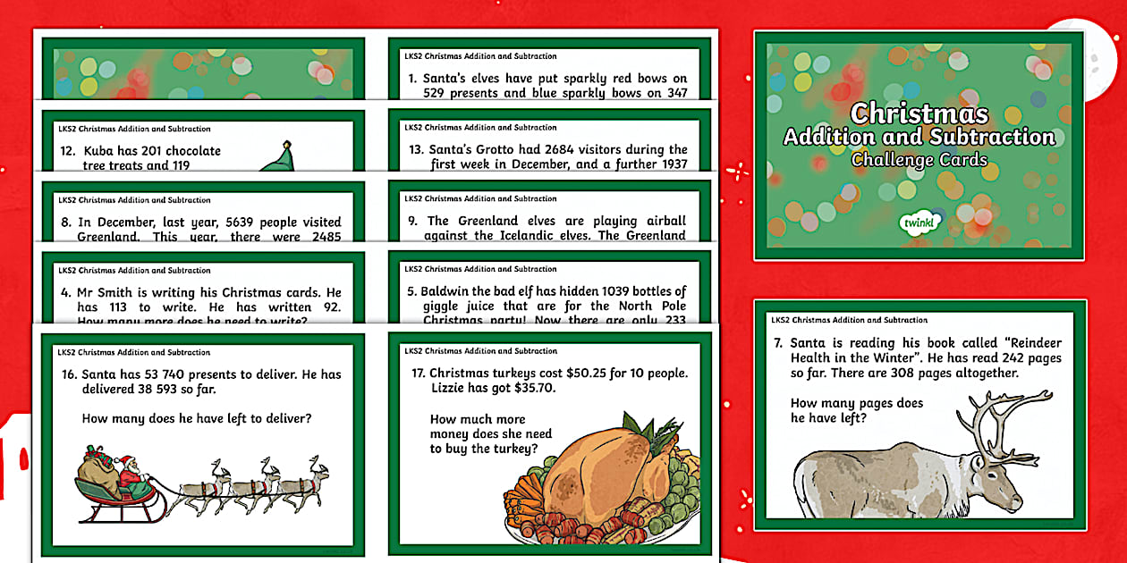 Addition and Subtraction Christmas Challenge Cards - Twinkl
