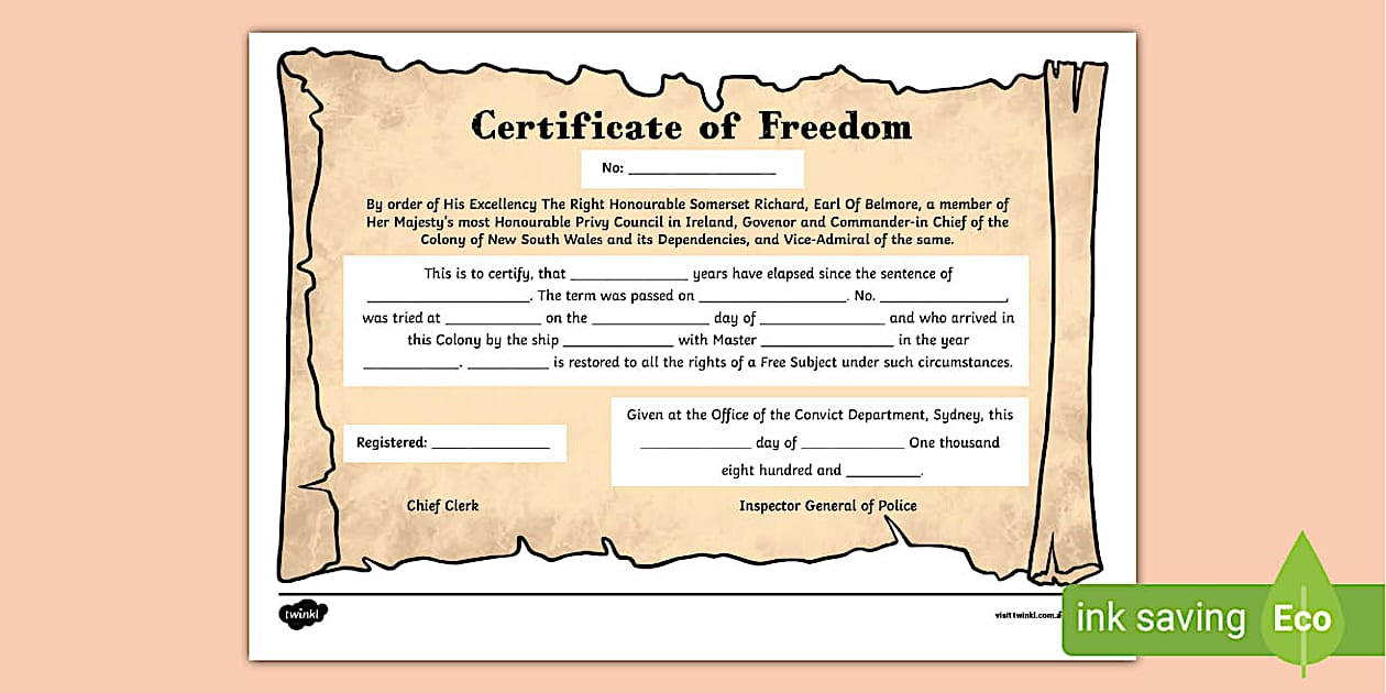 Black and White The First Fleet Certificate of Freedom Worksheet