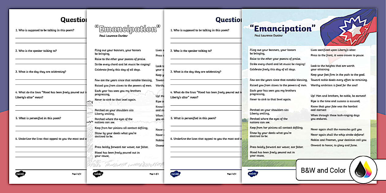 Juneteenth Poem Analysis Worksheet for 6th-8th Grade