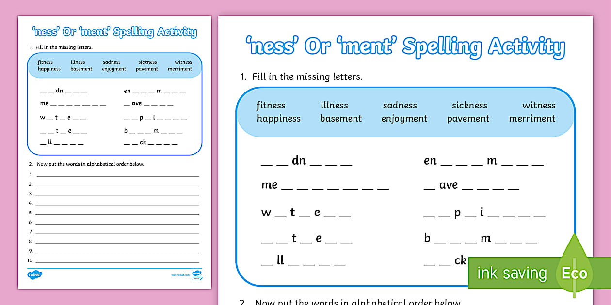 Black and White Adding '-ness' and '-ment' Spelling Activity