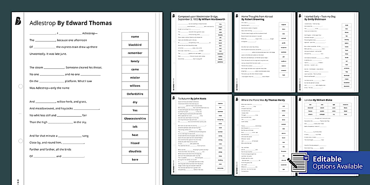 Edexcel Time and Place Poetry Cloze Activities - Twinkl
