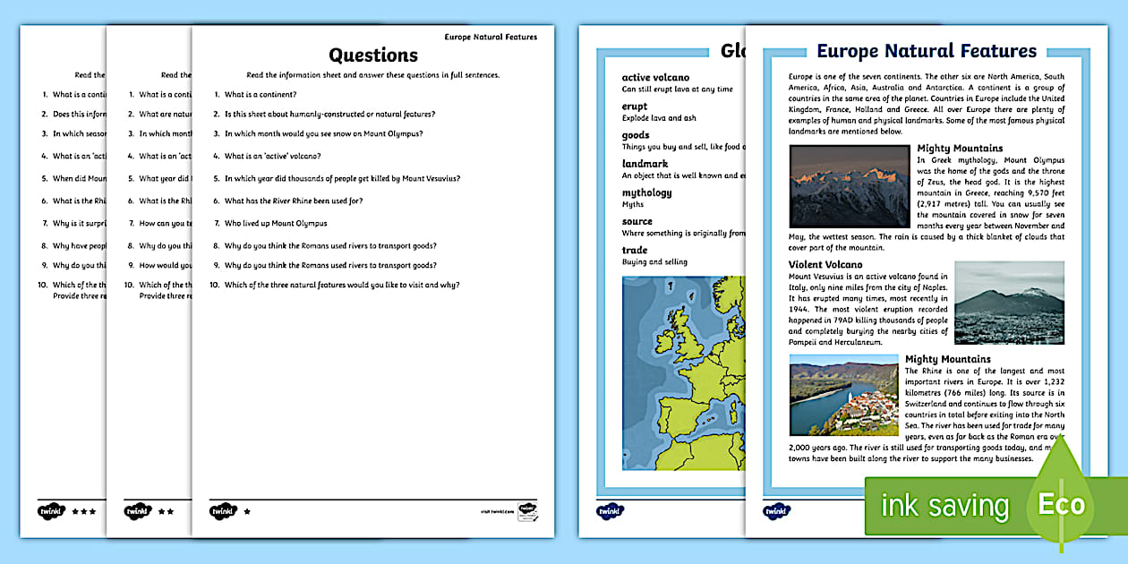 Europe Natural Features Reading Differentiated Comprehension Activity