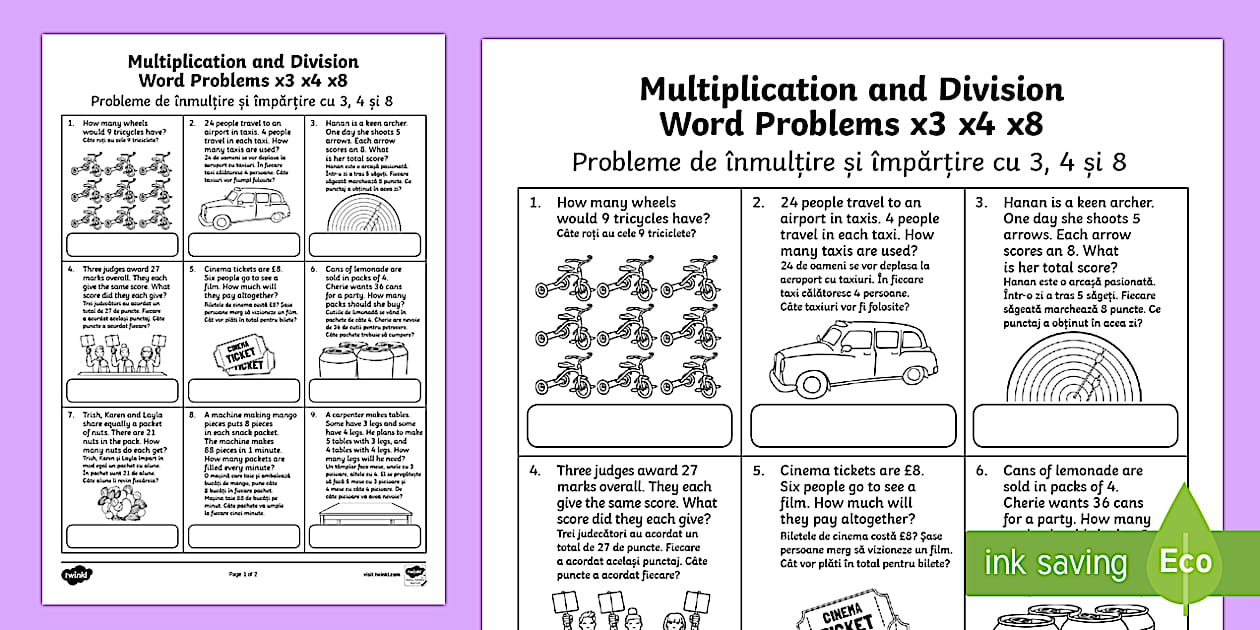 Year 3 Multiplication and Division Word Problems x3 x4 x8 Worksheet