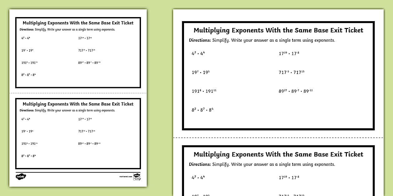 Eighth Grade Multiplying Exponents With the Same Base Exit Ticket