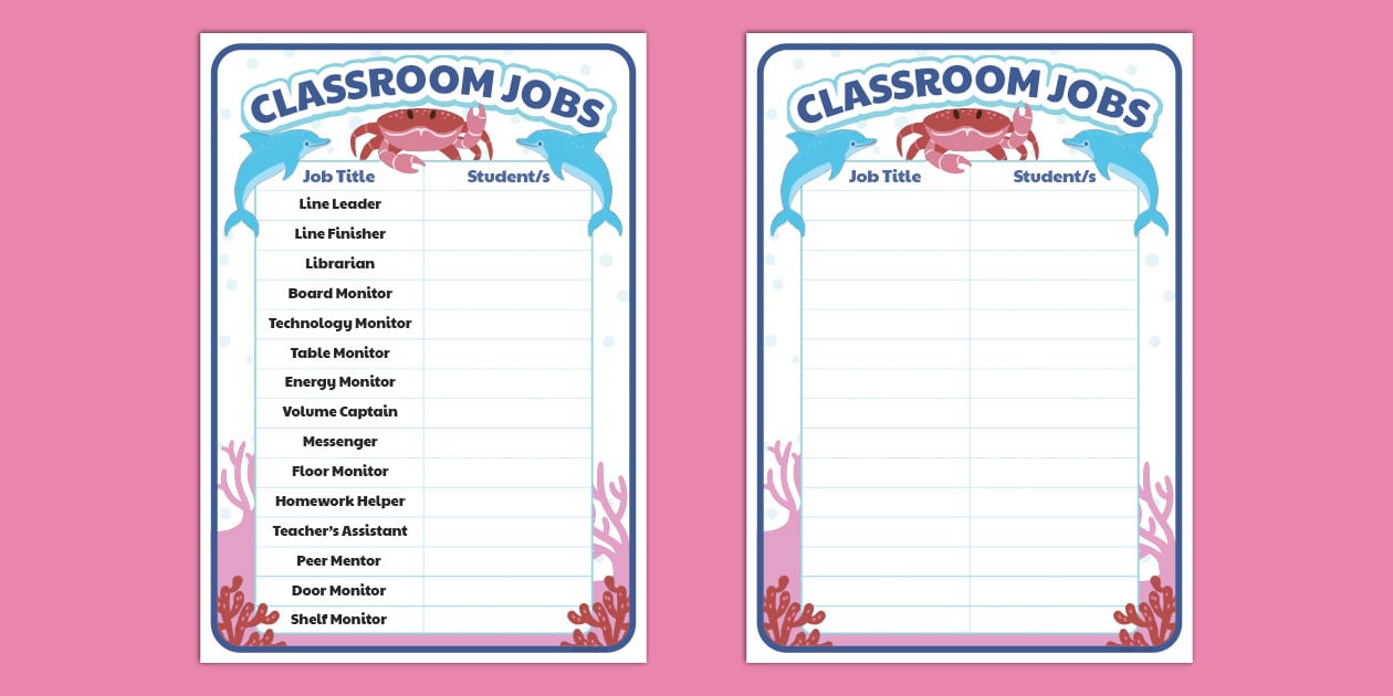 Great Barrier Reef Themed Classroom Jobs Chart - Twinkl