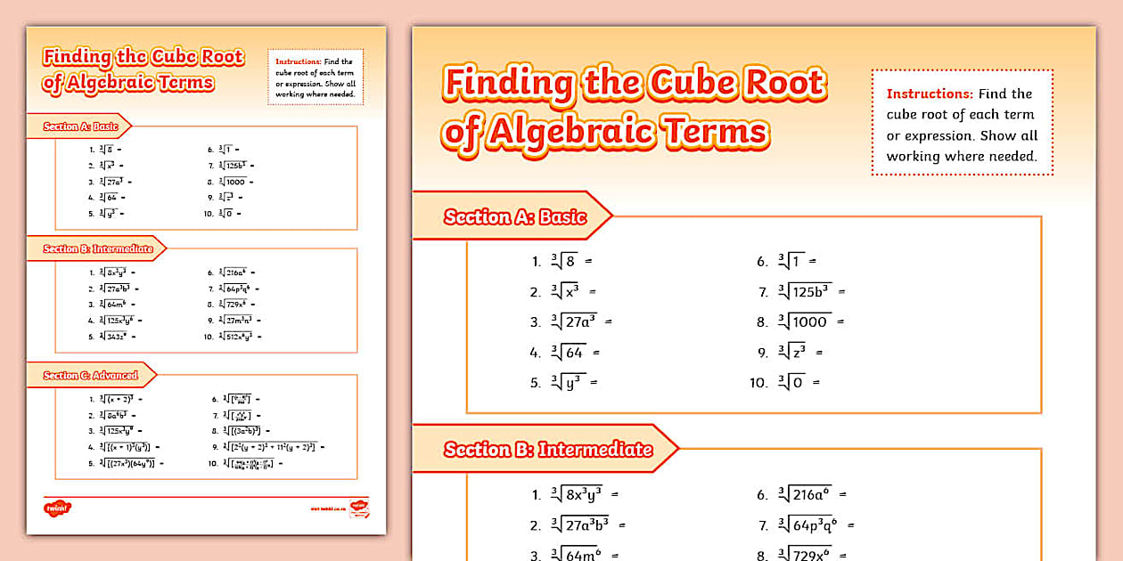 Cube Root of Algebraic Terms Worksheet (teacher made)