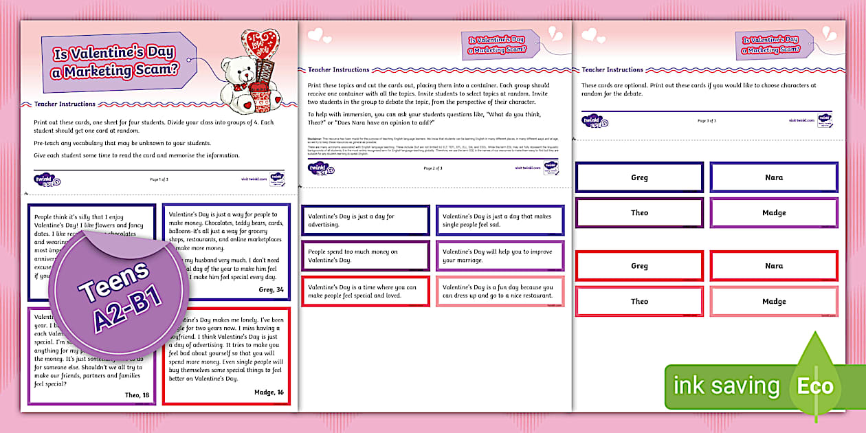 ESL Valentine's Day Mini-Debate [Teens, A2-B1] - Twinkl