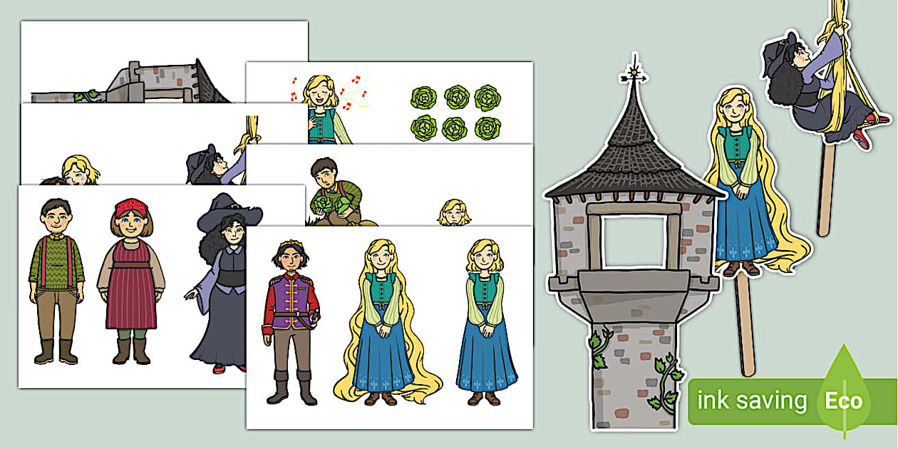 Black and White Rapunzel Stick Puppets (teacher made)