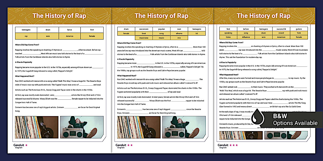 Reinforcing Reading Rap History Differentiated Cloze Passage