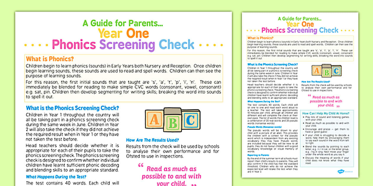 Editable Year 1 Phonics Screening Check: A Guide for Parents