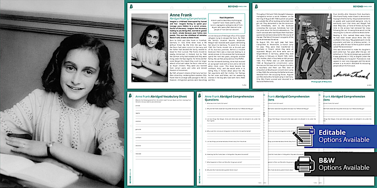 Anne Frank Abridged Reading Comprehension - Twinkl