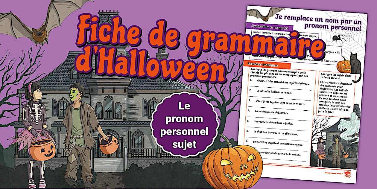 Fiche d'activités d'Halloween : Je remplace un nom par un pronom personnel
