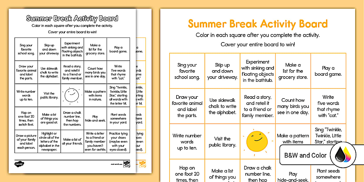 Summer Break Worksheet Board | Family Summer Break Worksheet