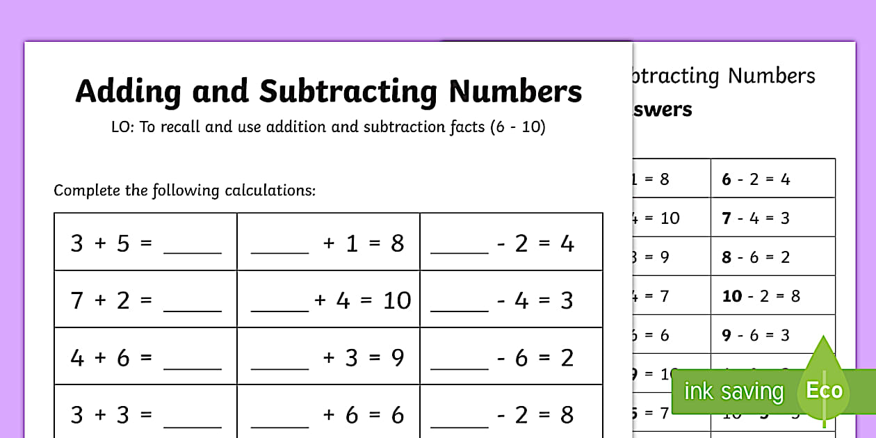 Number Facts Worksheet 6-10 (teacher made) - Twinkl