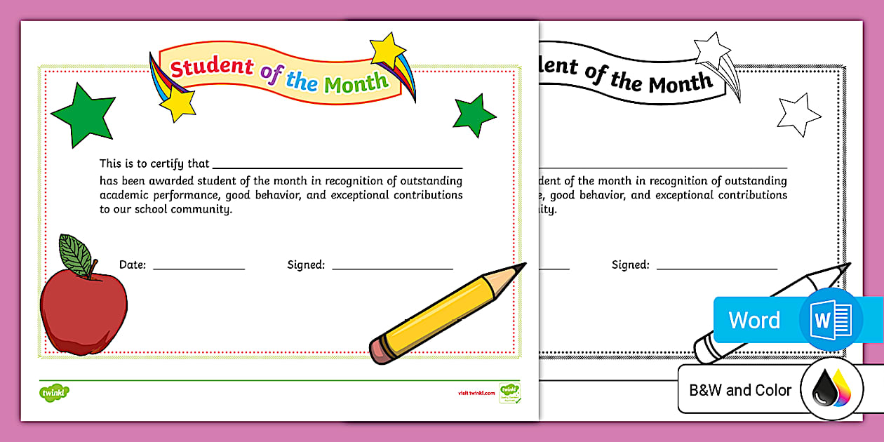 Editable Student of the Month Certificate