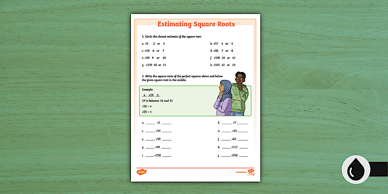 Estimating Square Roots Worksheet - Grade 7 - Twinkl