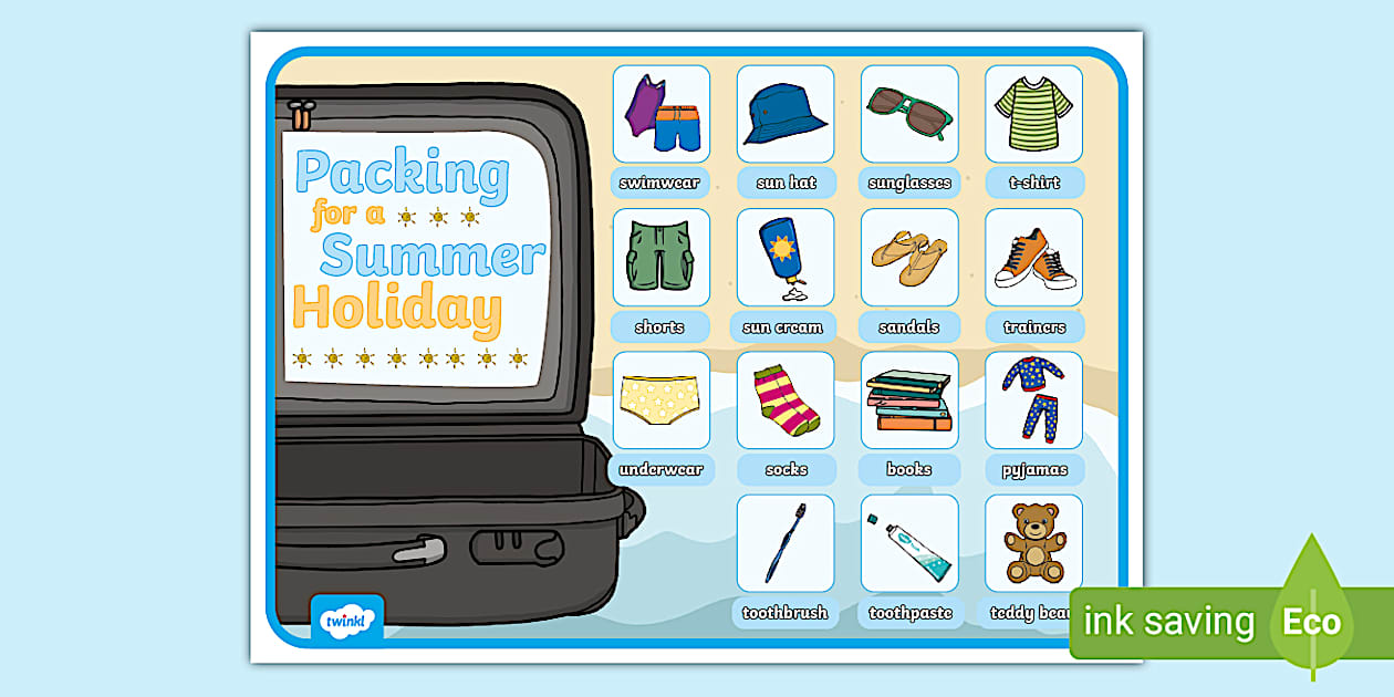 Packing for a Summer Holiday Word Mat - Twinkl - KS1
