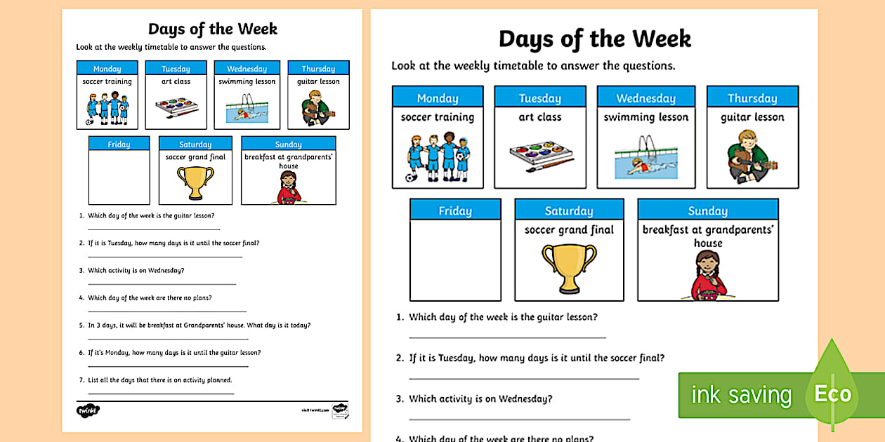 Black and White Days of the Week Timetable Worksheet