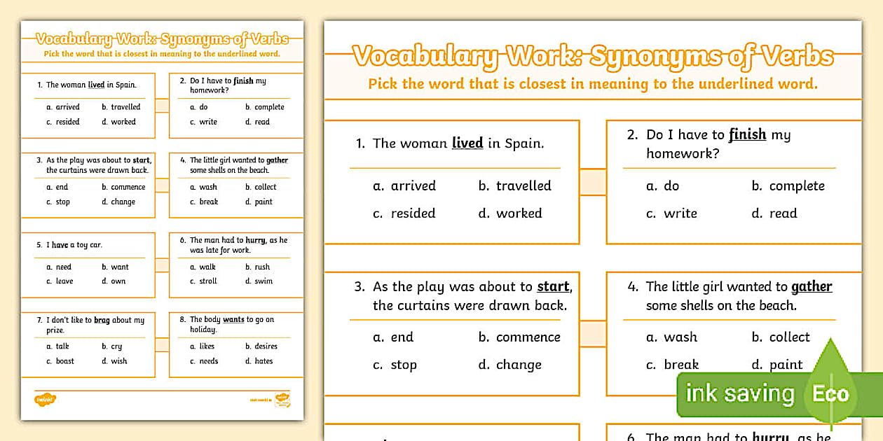 Synonyms of Verbs Vocabulary Worksheet (teacher made)