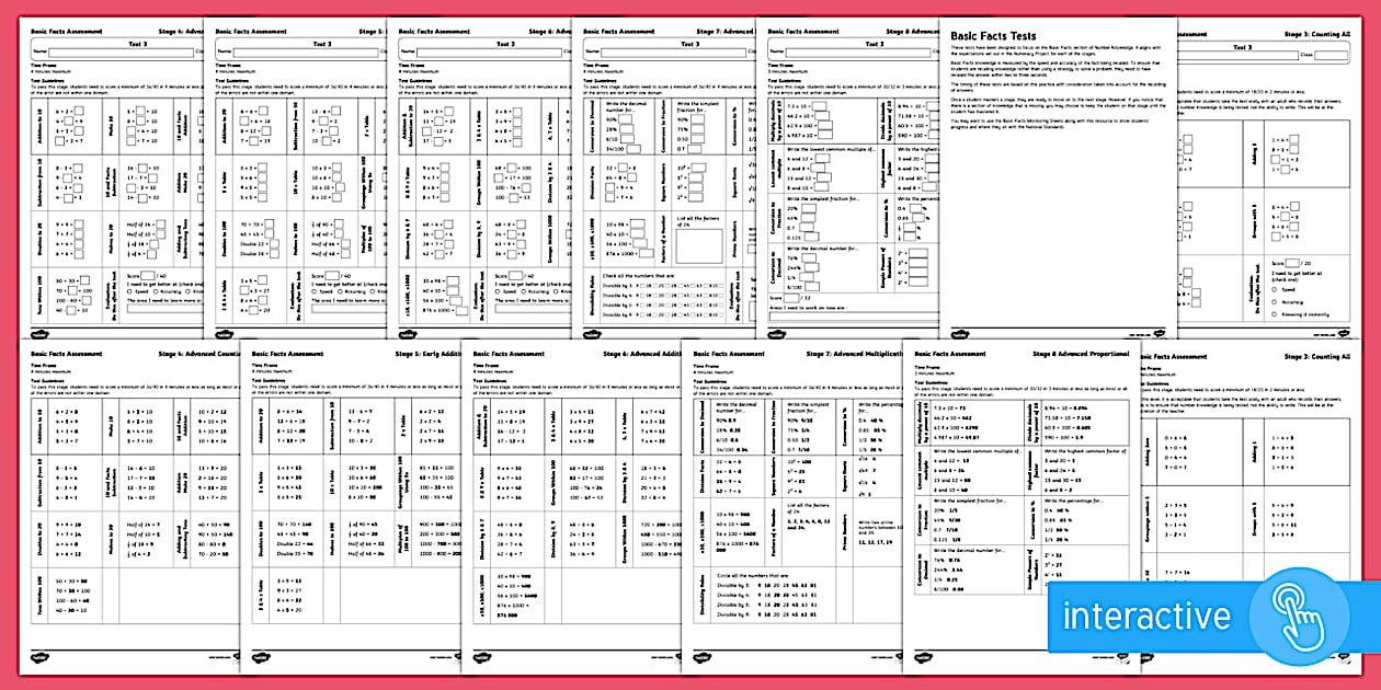 Basic Facts Test Set 3 Stages 3 - 8 Assessment Pack Worksheet / Worksheets