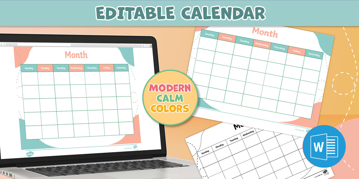 Modern Calm Colors Editable Calendar (teacher made) - Twinkl